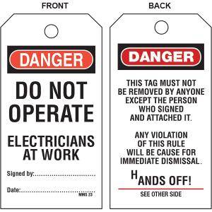 Danger tag electricians at work 5pk MMS-23 | Buy Online – Adelaide ...
